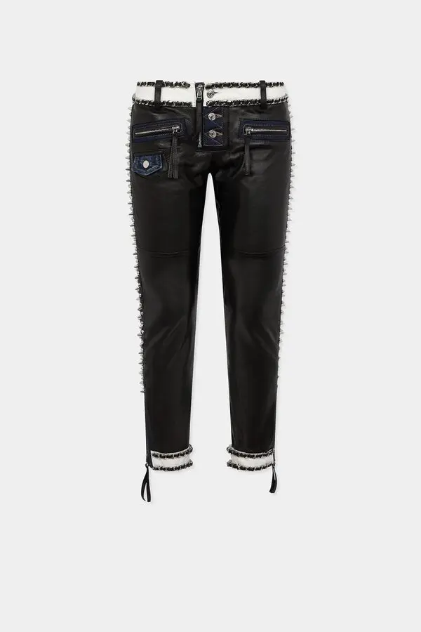 Dsquared2 Leather Biker Pants With Studded Outseams And Denim Detailing - Black