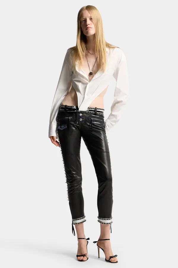 Dsquared2 Leather Biker Pants With Studded Outseams And Denim Detailing