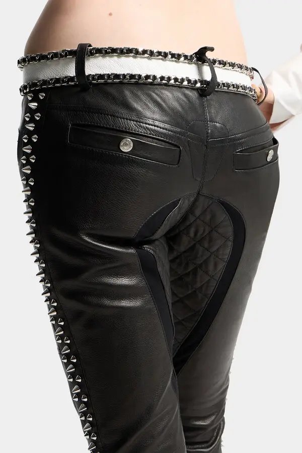 Dsquared2 Leather Biker Pants With Studded Outseams And Denim Detailing