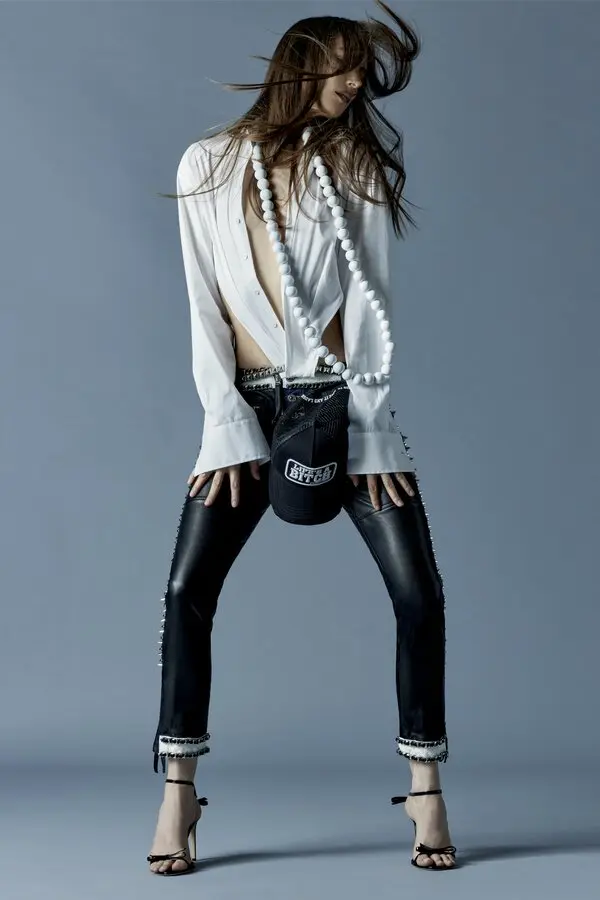 Dsquared2 Leather Biker Pants With Studded Outseams And Denim Detailing