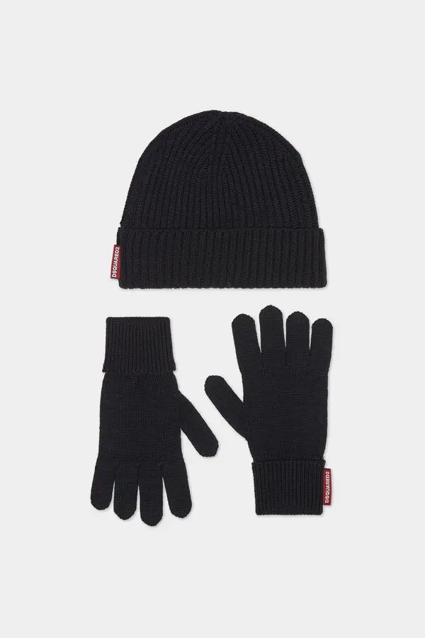 Dsquared2 Ribbed Knit Beanie And Gloves Set