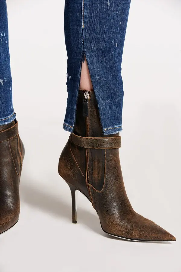 Dsquared2 S.s. Dark Ripped Leather Patch Twiggy Jeans