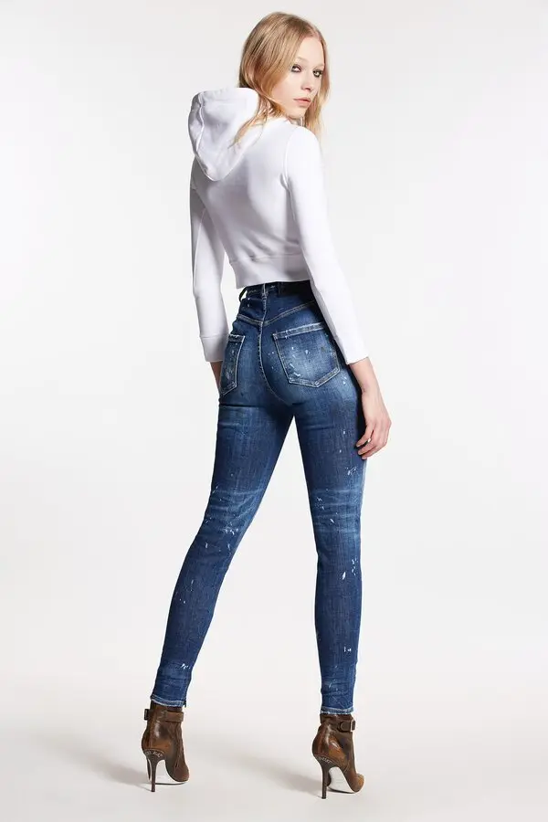 Dsquared2 Dark Ripped Leather Patch Twiggy Jeans