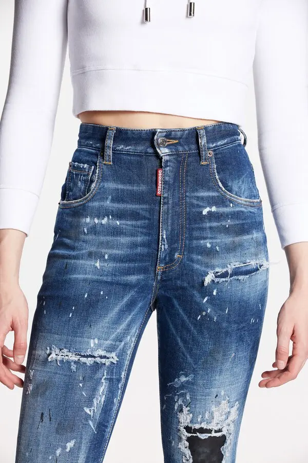 Dsquared2 Dark Ripped Leather Patch Twiggy Jeans
