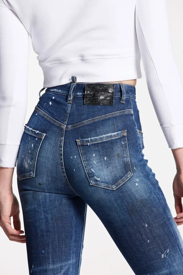 Dsquared2 Dark Ripped Leather Patch Twiggy Jeans