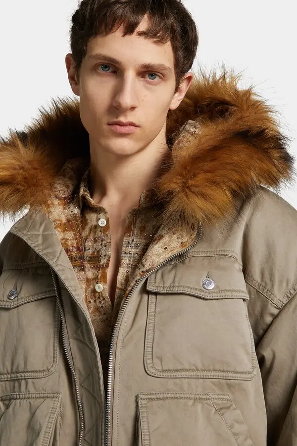 Dsquared2 Hooded Cotton Jacket With Fur Trim