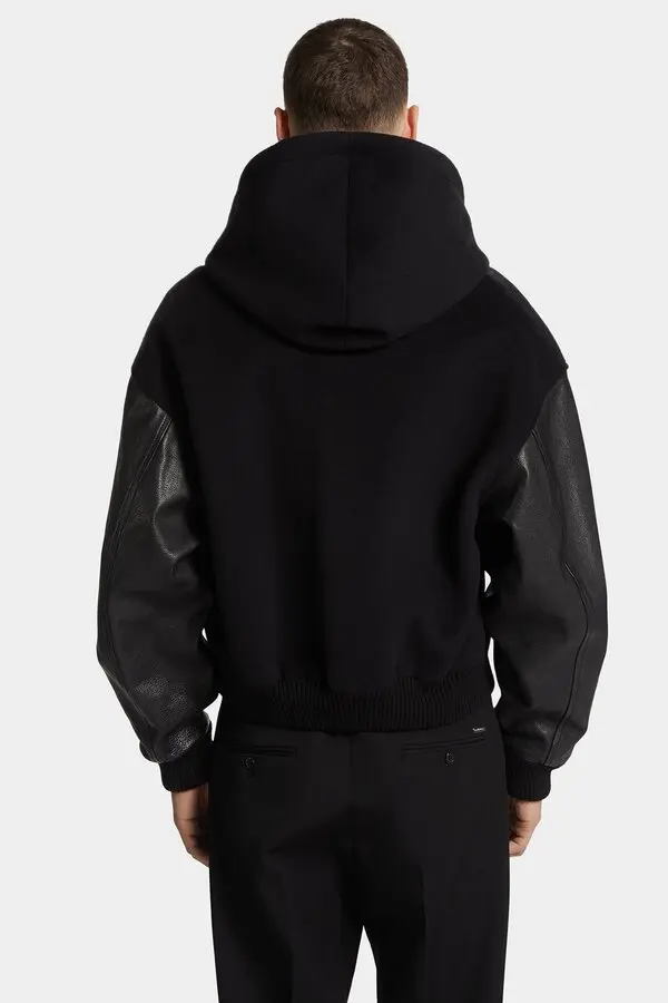 Dsquared2 Hooded Bomber Jacket With Leather Sleeves