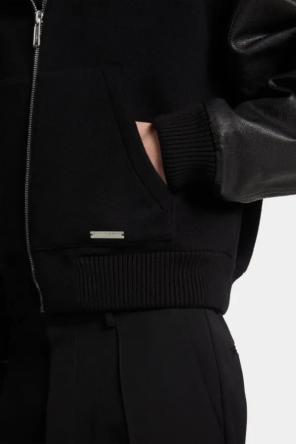 Dsquared2 Hooded Bomber Jacket With Leather Sleeves
