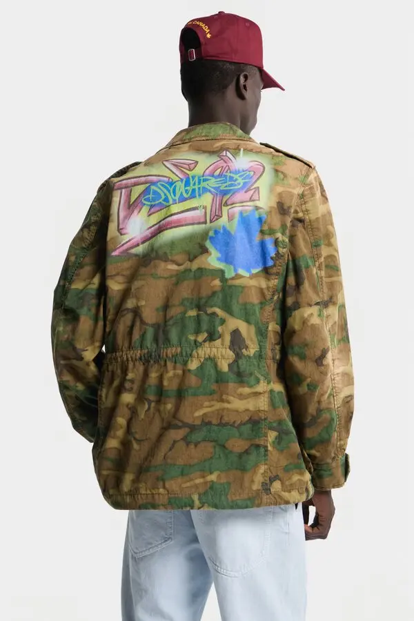 Dsquared2 Camouflage Parka With Embellishments And Graffiti Print