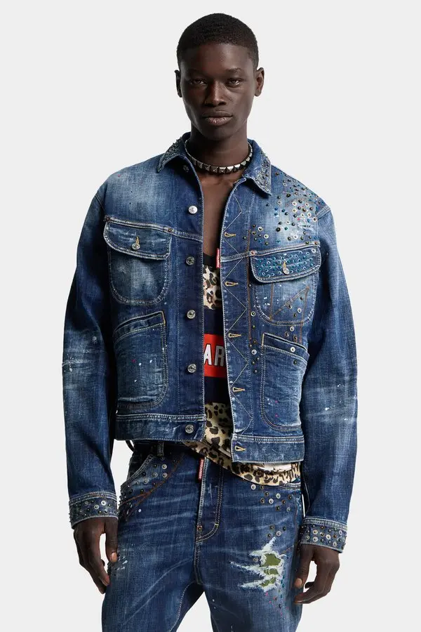 Dsquared2 Dark Busted Rebel Wash Denim Jacket