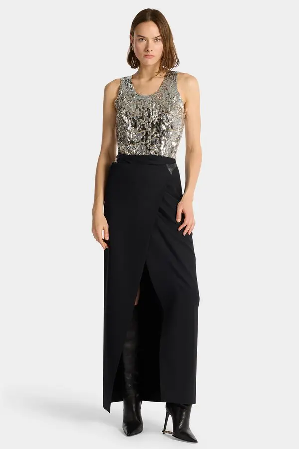 Dsquared2 Wrap Skirt In Granité Wool With Leather Straps