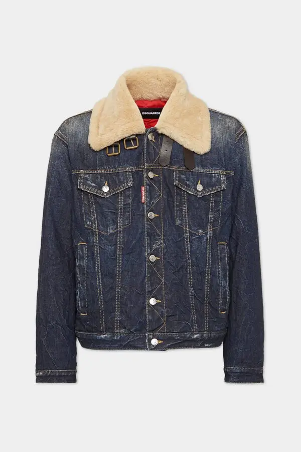 Dsquared2 Denim Aviator Jacket With Fur Collar - Blue