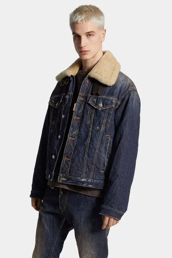 Dsquared2 Denim Aviator Jacket With Fur Collar