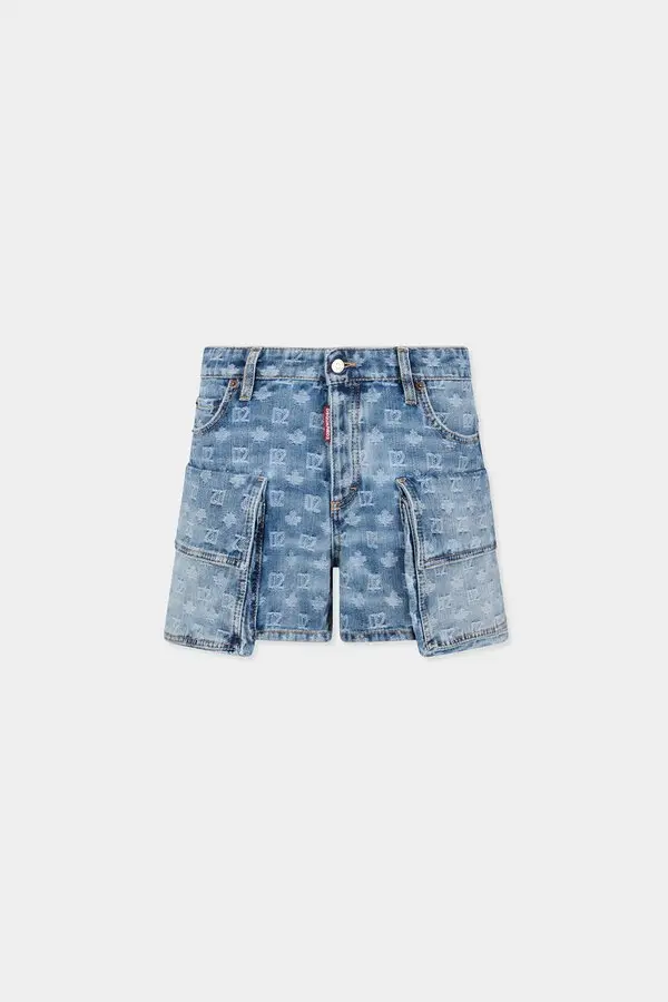 Dsquared2 Light Wash Monogram Cargo Denim Shorts - Blue