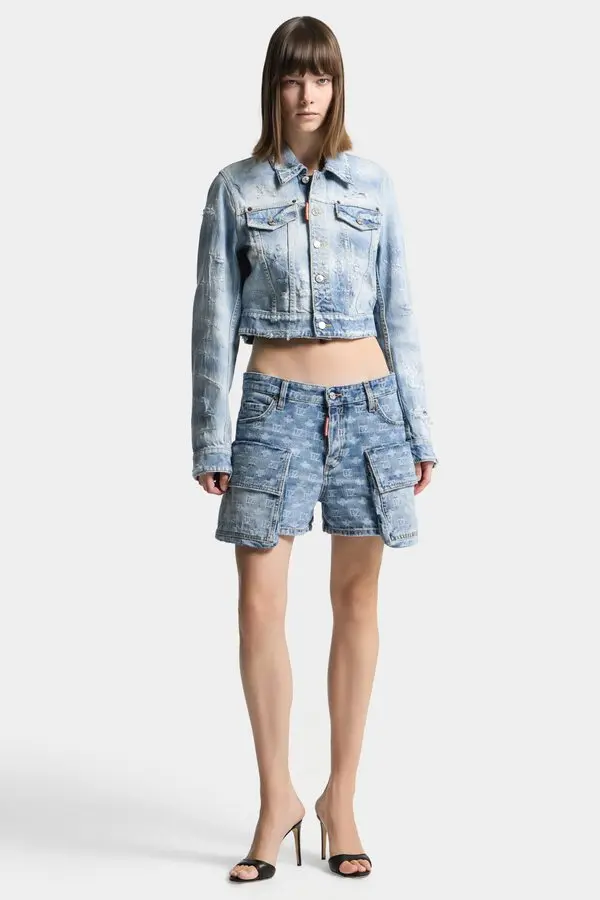 Dsquared2 Light Wash Monogram Cargo Denim Shorts
