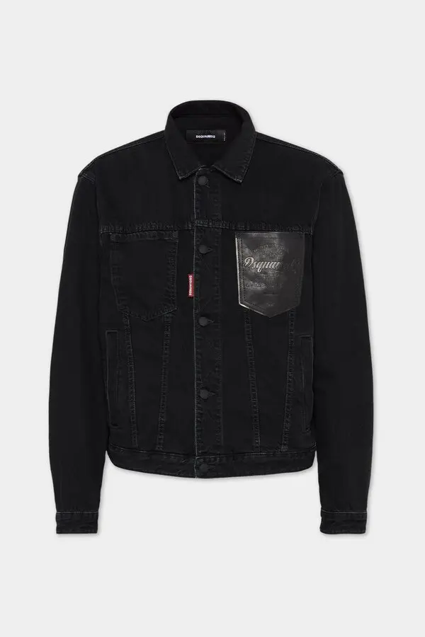 Dsquared2 Oversized Denim Jacket With Leather Pocket Detail - Black