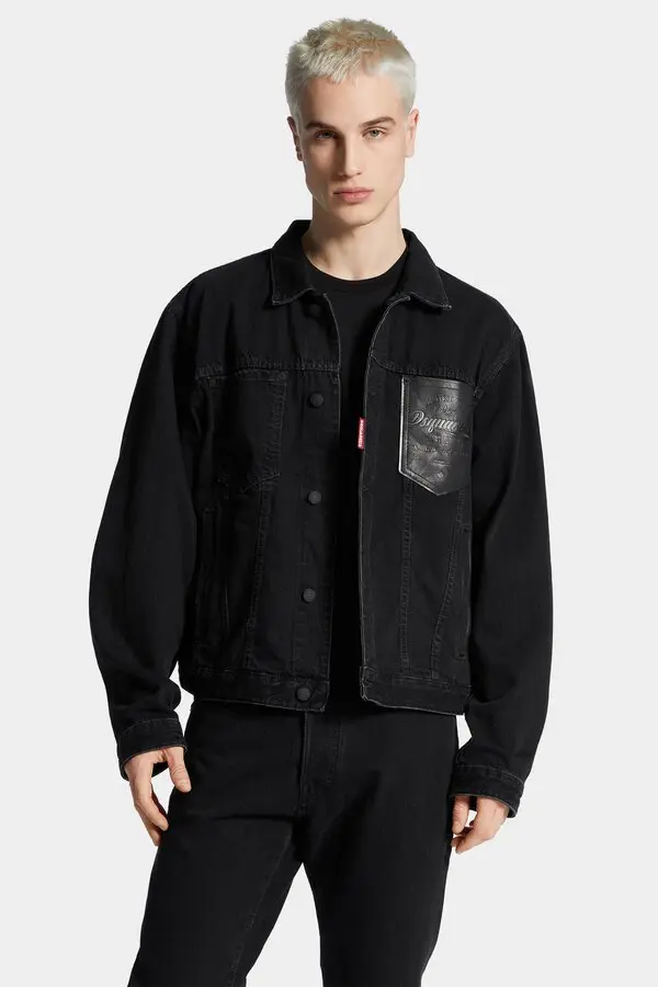 Dsquared2 Oversized Denim Jacket With Leather Pocket Detail