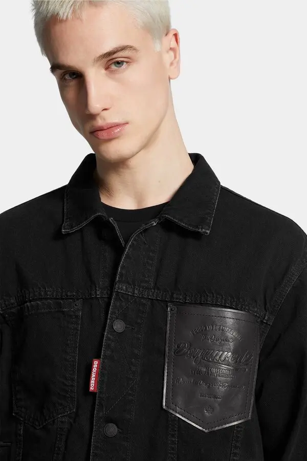 Dsquared2 Oversized Denim Jacket With Leather Pocket Detail