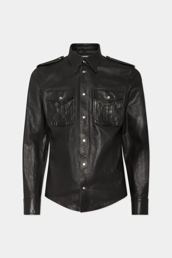 Dsquared2 Leather Western Shirt With Shoulder Tabs - Black