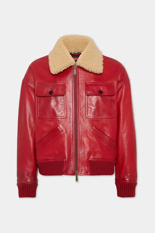 Dsquared2 Leather Aviator Bomber Jacket With Lambskin Collar - Red