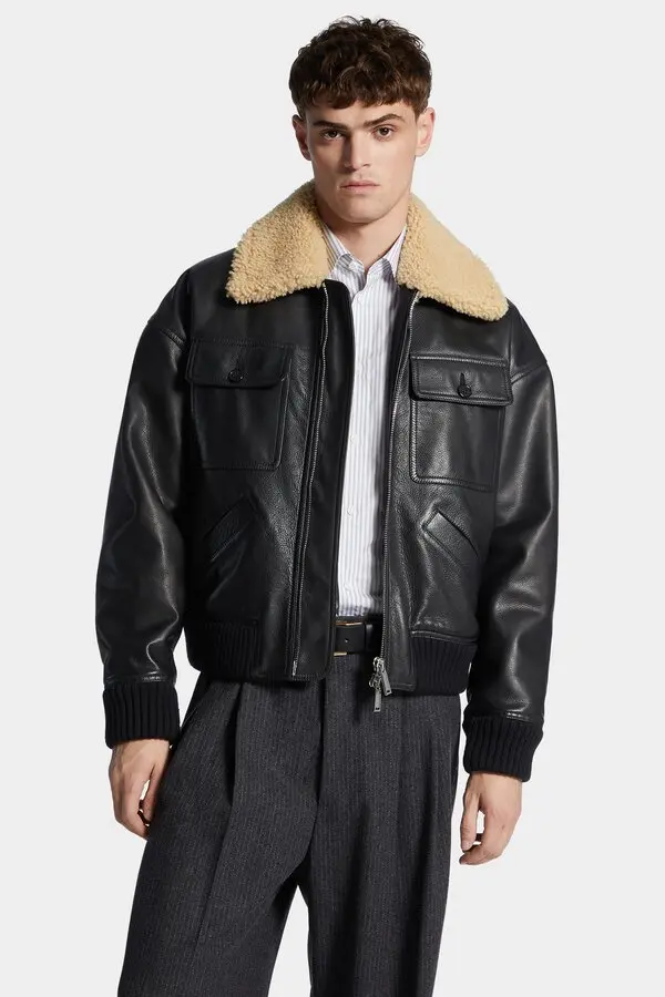 Dsquared2 Leather Aviator Bomber Jacket With Lambskin Collar