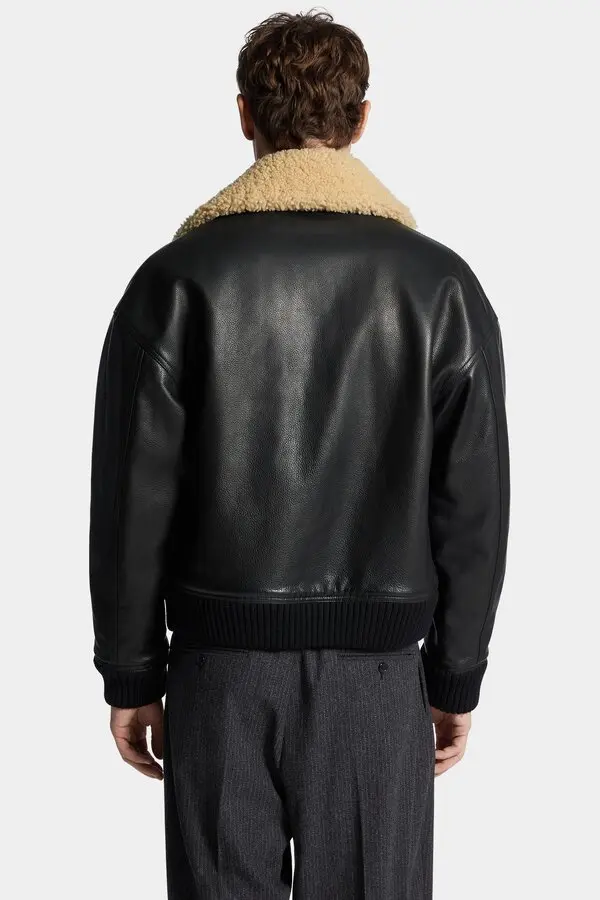 Dsquared2 Leather Aviator Bomber Jacket With Lambskin Collar
