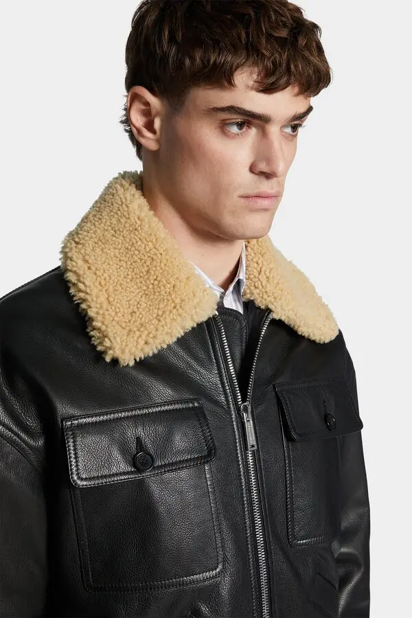 Dsquared2 Leather Aviator Bomber Jacket With Lambskin Collar