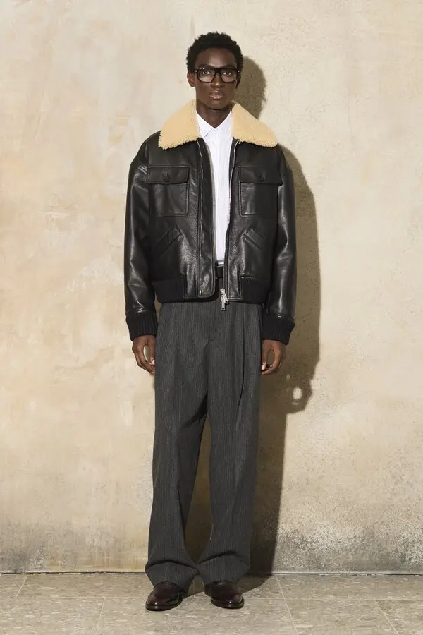 Dsquared2 Leather Aviator Bomber Jacket With Lambskin Collar