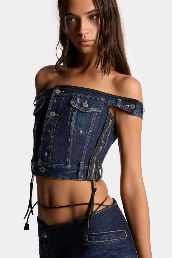 Dsquared2 Dark Wash Denim Off-the-shoulder Top - Blue
