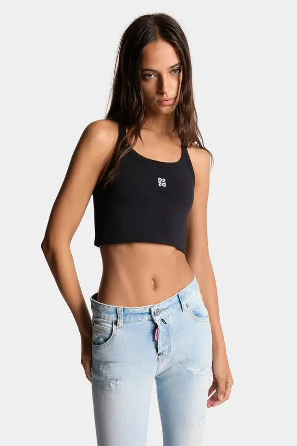 Dsquared2 Cropped Racer Back Tank Top With Scoop Neck And Embroidered Logo - Black