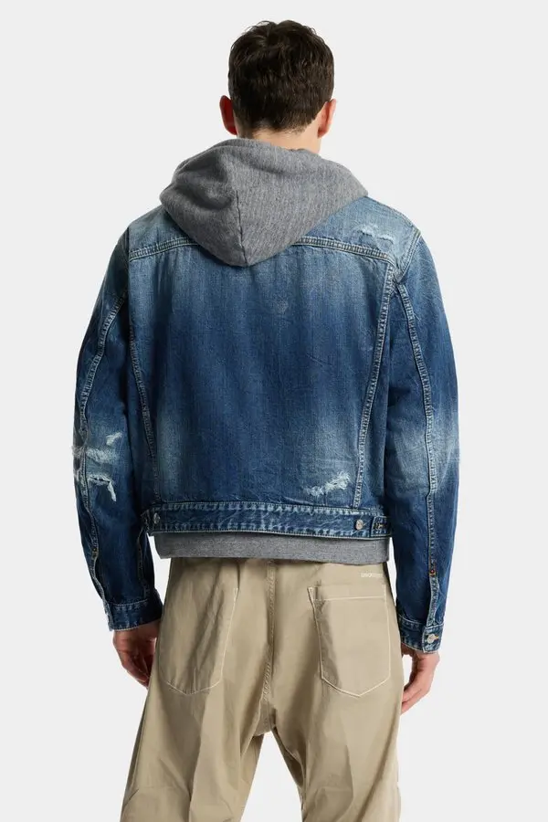 Dsquared2 Medium Ripped Wash Denim Jacket With Jersey Insert