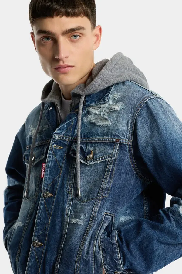 Dsquared2 Medium Ripped Wash Denim Jacket With Jersey Insert