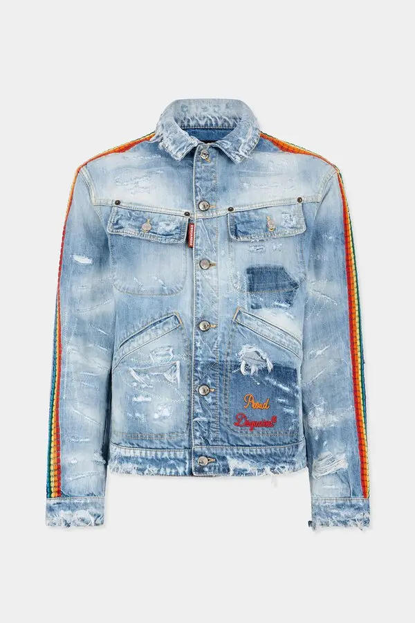 Dsquared2 Distressed Denim Jacket With Rainbow Stripes - Blue