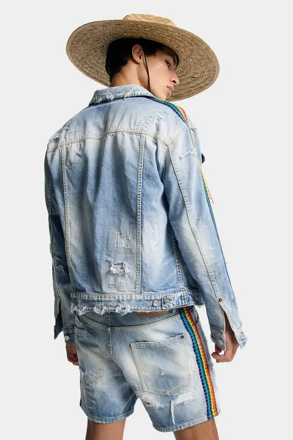 Dsquared2 Distressed Denim Jacket With Rainbow Stripes