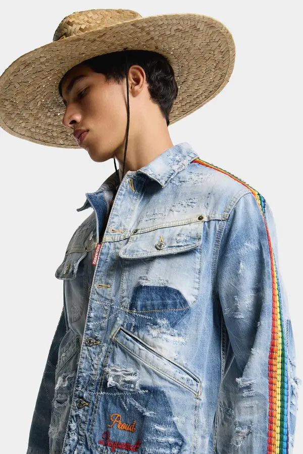 Dsquared2 Distressed Denim Jacket With Rainbow Stripes
