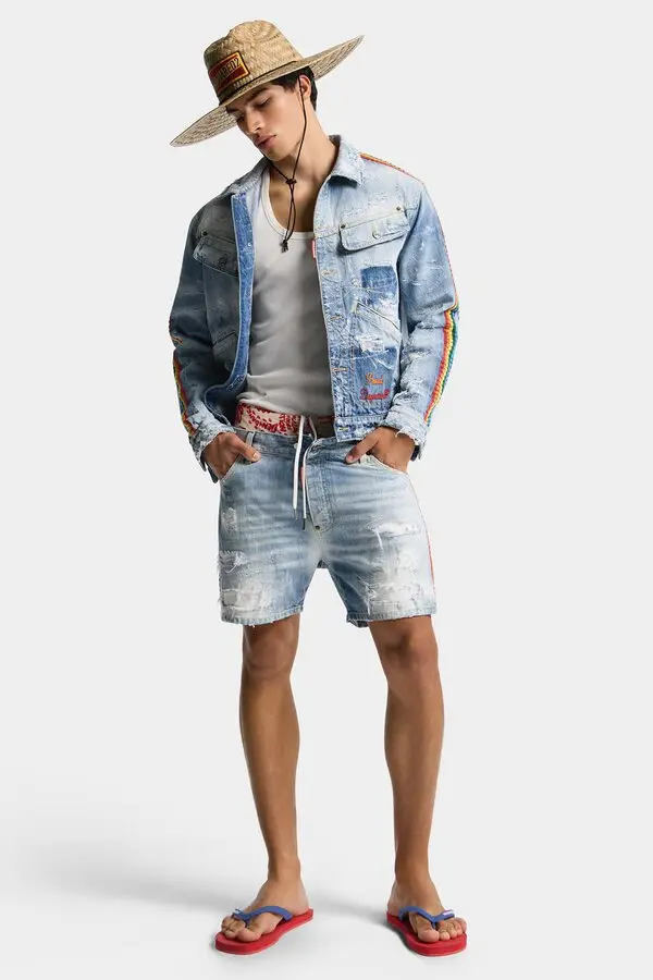 Dsquared2 Distressed Denim Jacket With Rainbow Stripes