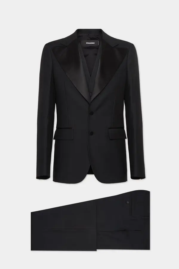 Dsquared2 Three-piece Tuxedo Suit With Silk Peak Lapels And Slouchy Trousers - Black