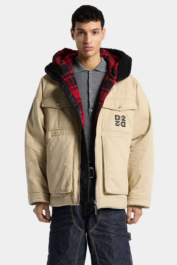 Dsquared2 Carpenter Padded Jacket With Checked Flannel Lining And Fleece Trimmed Hood