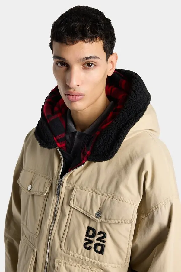 Dsquared2 Carpenter Padded Jacket With Checked Flannel Lining And Fleece Trimmed Hood