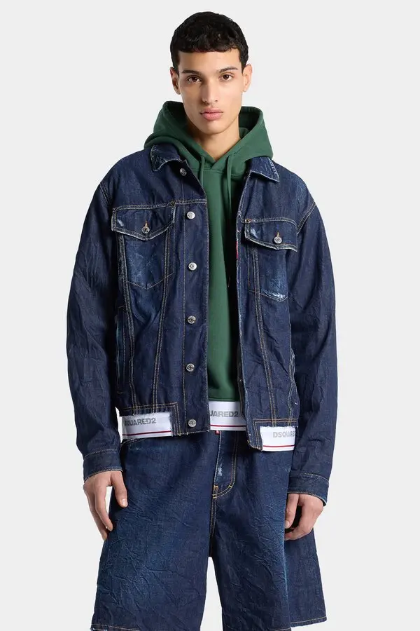 Dsquared2 Dark Aviator Oversized Denim Jacket With Logo Band