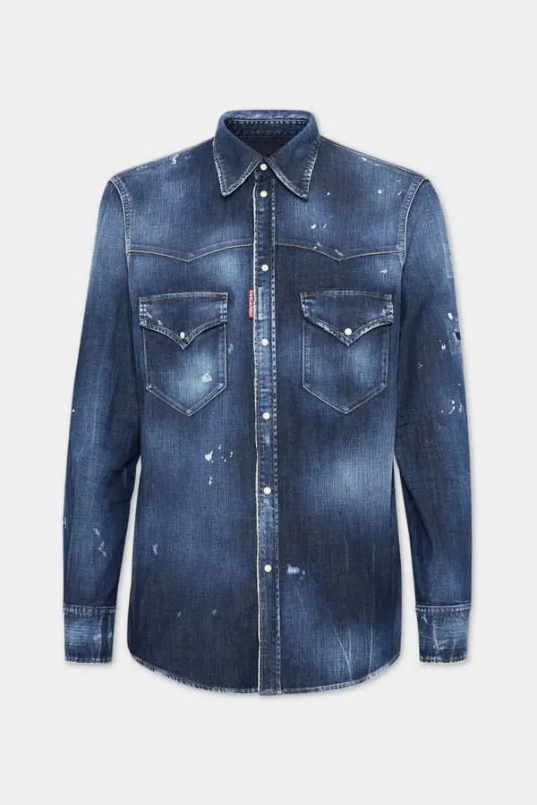 Dsquared2 Stretch Denim Western Shirt With Distressed Detailing - Blue