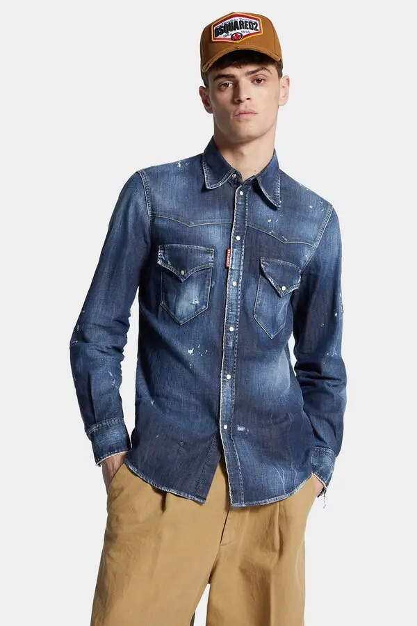 Dsquared2 Stretch Denim Western Shirt With Distressed Detailing