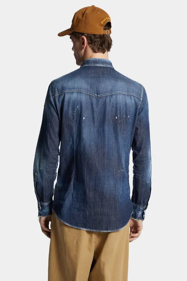 Dsquared2 Stretch Denim Western Shirt With Distressed Detailing