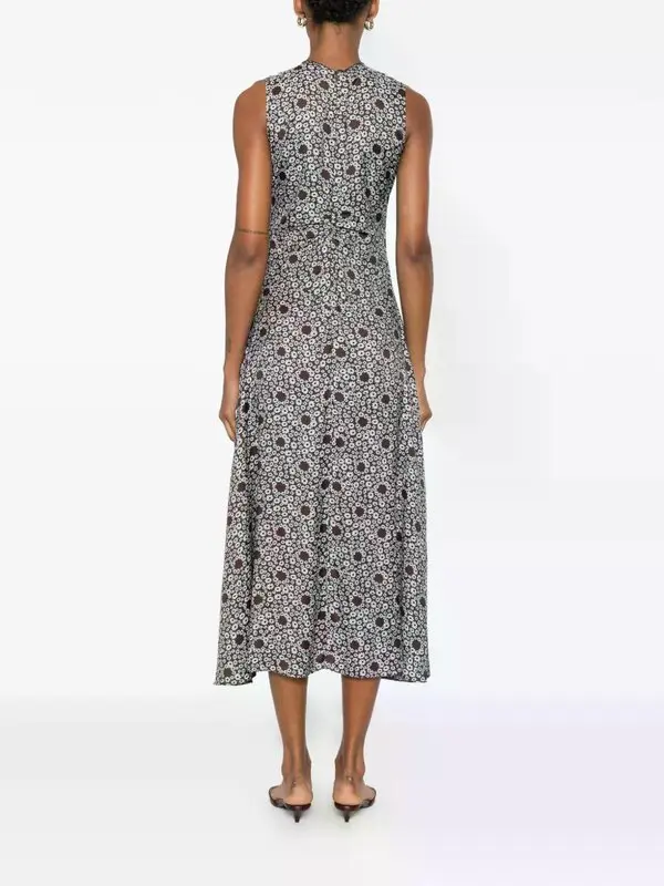Sandro Floral Print V-neck Sleeveless Pleated Midi Dress