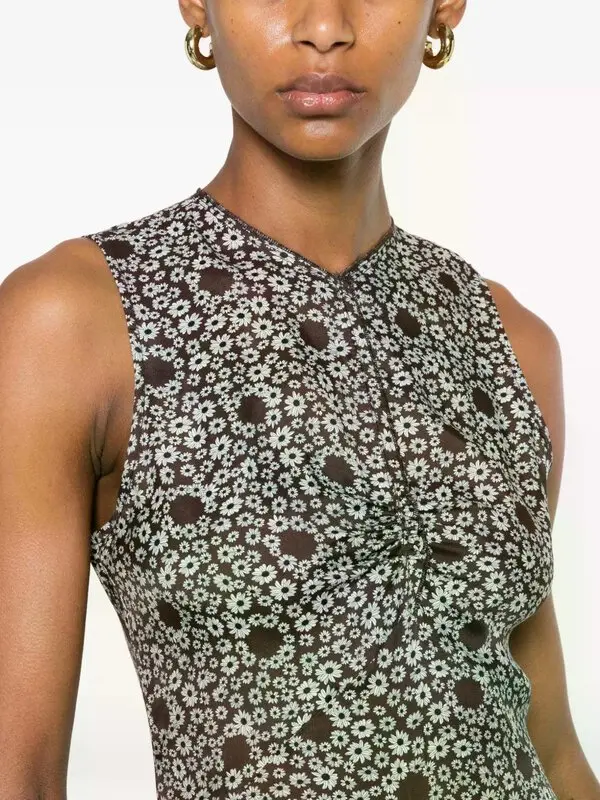Sandro Floral Print V-neck Sleeveless Pleated Midi Dress