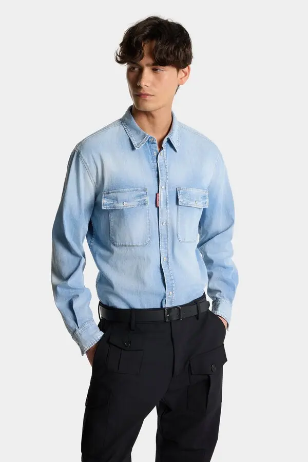 Dsquared2 Light Wash Distressed Denim Shirt