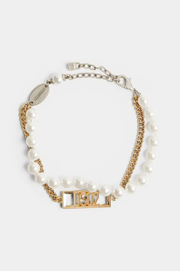 Dsquared2 Layered Chain And Pearl Bracelet With Dsq2 Plaque - Gold