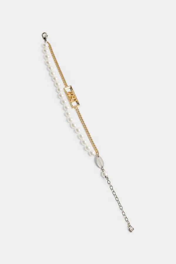 Dsquared2 Layered Chain And Pearl Bracelet With Dsq2 Plaque