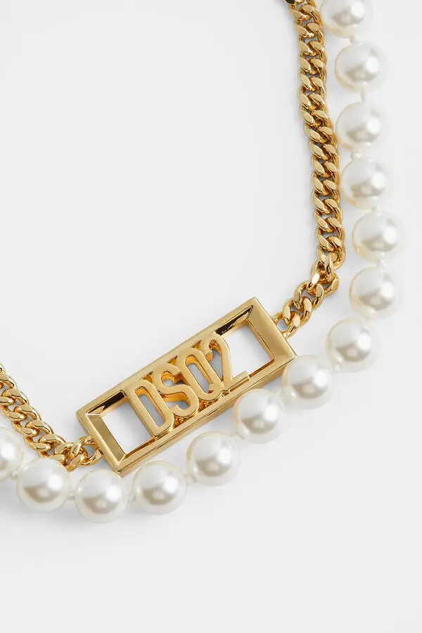 Dsquared2 Layered Chain And Pearl Bracelet With Dsq2 Plaque