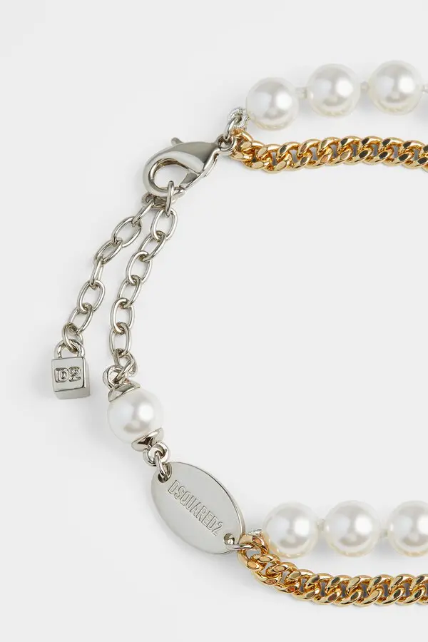 Dsquared2 Layered Chain And Pearl Bracelet With Dsq2 Plaque